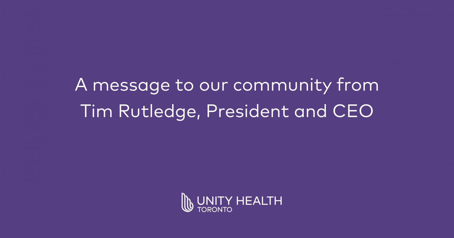 Message to our community from Tim Rutledge, President and CEO - Unity ...